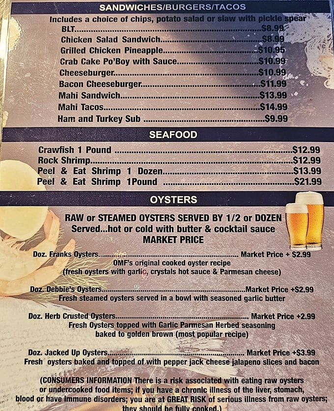 This menu isn't trying to impress you with fancy descriptions—it's letting the seafood speak for itself, like any good Floridian establishment should.