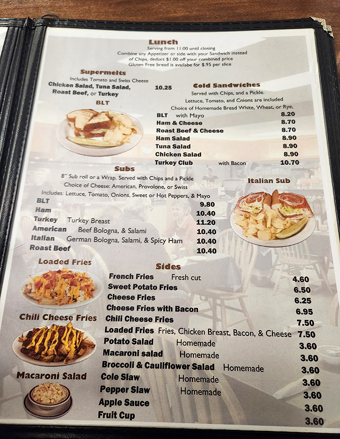 This menu isn't just a list of options—it's a roadmap to happiness with destinations like "Loaded Fries" and "Homemade Apple Sauce."