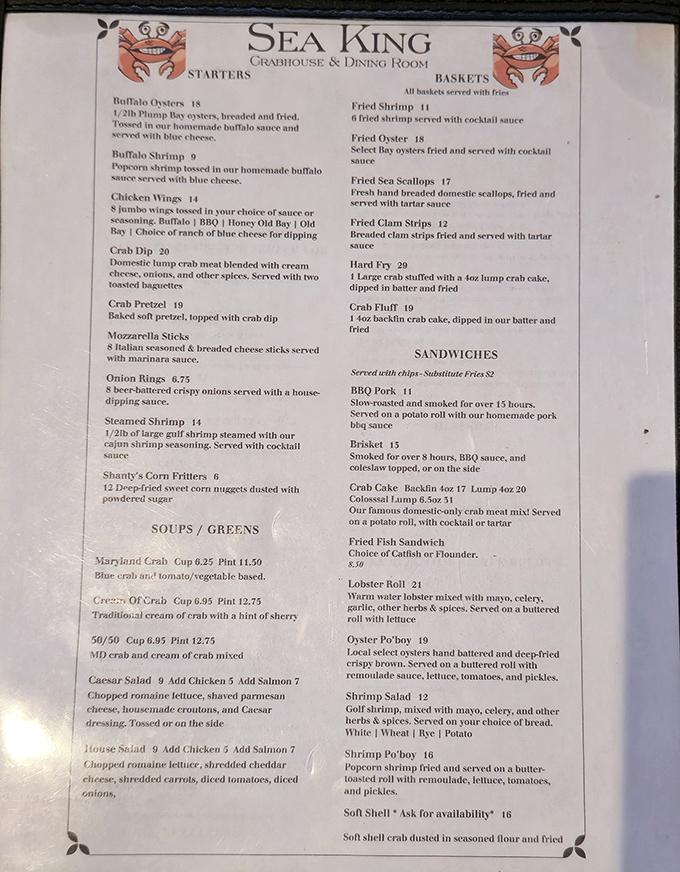 This menu isn't just a list—it's a treasure map where X marks the spot for Maryland's finest seafood bounty.