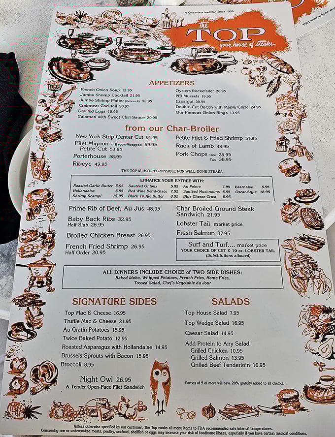 This isn't just a menu – it's a roadmap to carnivorous bliss, with illustrations that have been tempting Columbus diners for generations.