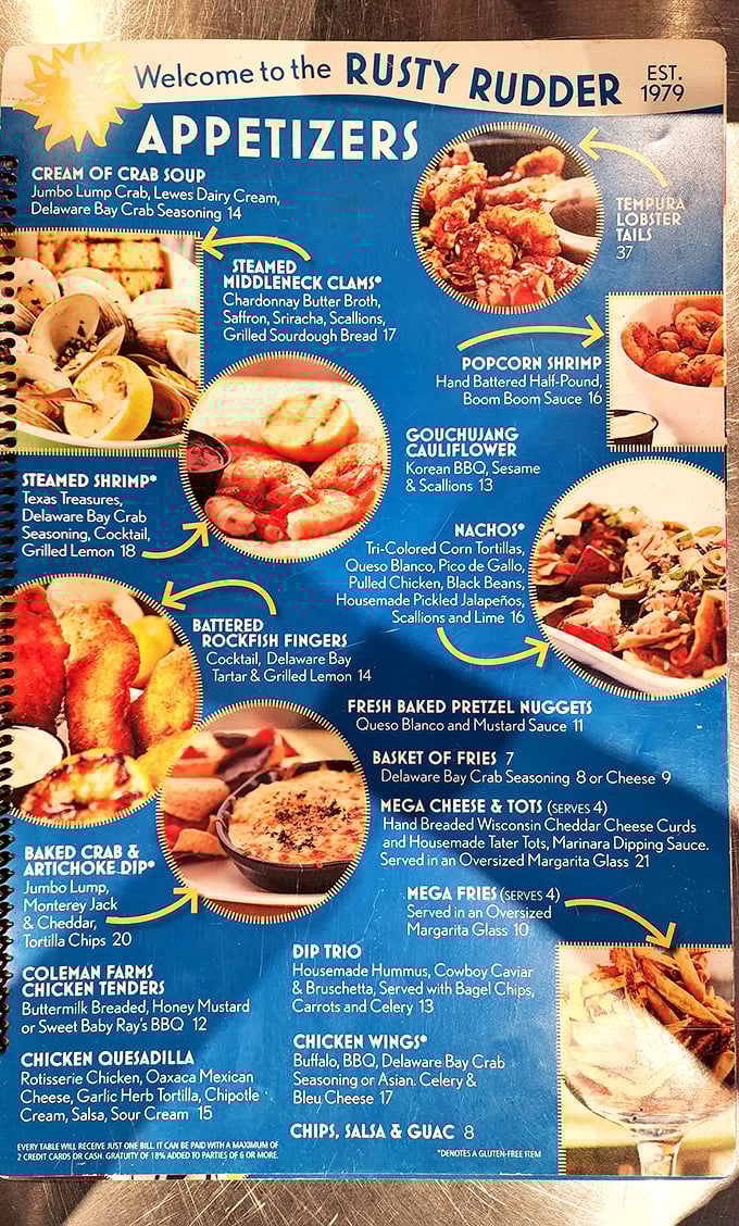 This menu isn't just reading material—it's a treasure map where X marks the spot for Cream of Crab Soup and Gochujang Cauliflower.