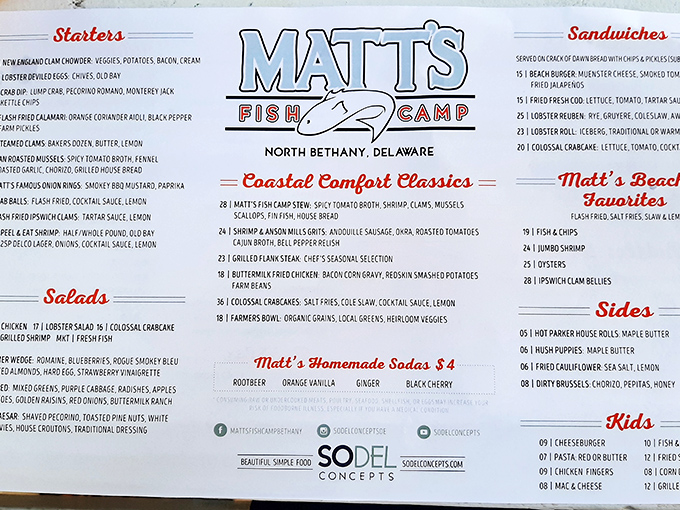 A menu that reads like maritime poetry—where every "Coastal Comfort Classic" promises to transport you to a simpler, more delicious time.
