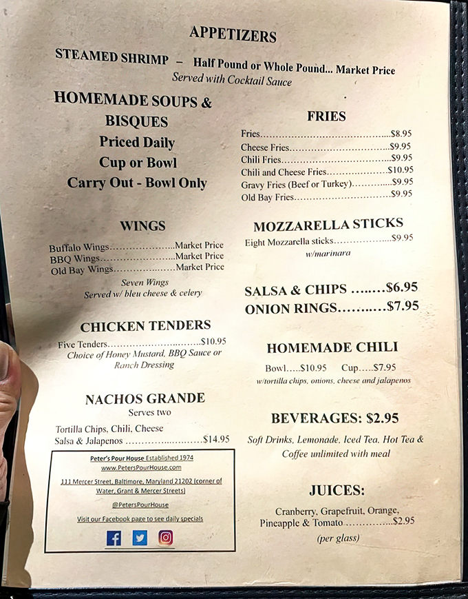 The menu reads like a love letter to pub classics, with Old Bay wings and homemade chili stealing the spotlight alongside the legendary crab cake.