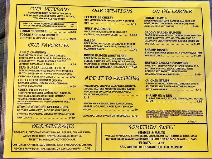 This menu isn't just a list of food—it's a roadmap to happiness with "Veterans," "Favorites," and "Creations" that have earned their place in Texas culinary lore.