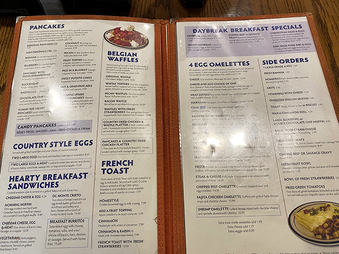 This menu isn't just a list—it's a roadmap to breakfast nirvana with detours through waffle country.