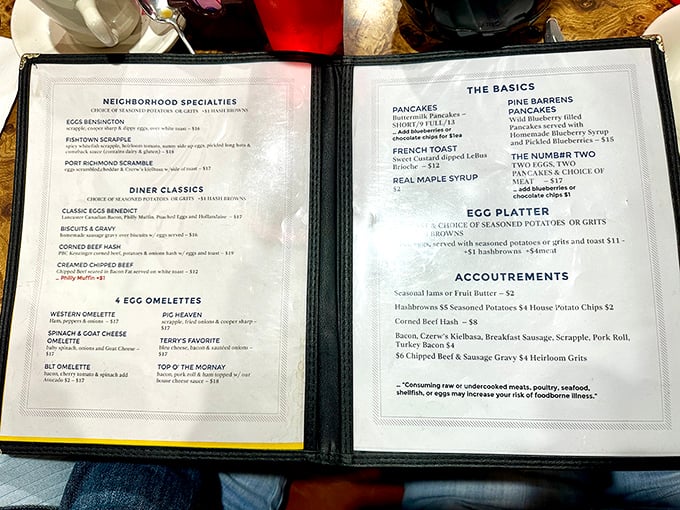 This menu reads like a love letter to classic American breakfast, with scrapple taking center stage deservedly.