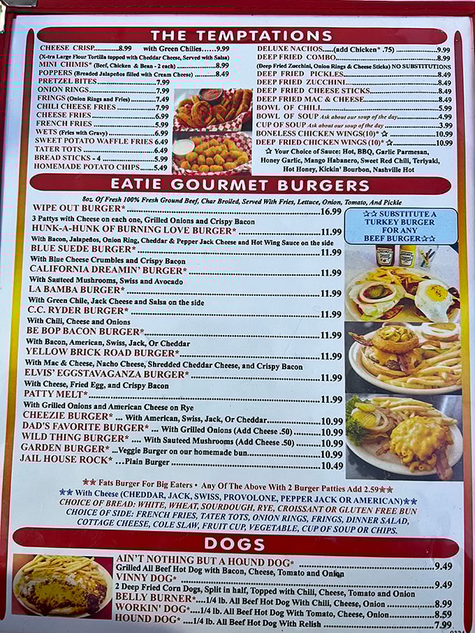 The menu reads like a love letter to comfort food. "Temptations" indeed—resistance is utterly futile here.