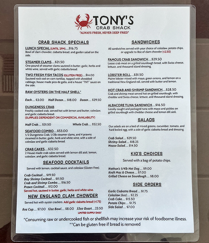 This menu isn't just a list of options—it's a love letter to the Pacific Ocean written in crab legs and clam shells.