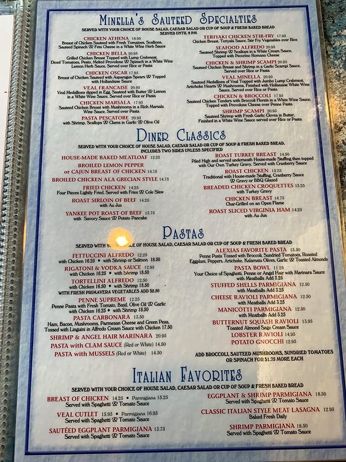 A menu so extensive it could double as light reading material. The "Diner Classics" section alone is worth the trip.