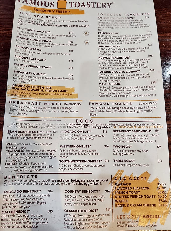 A menu that reads like breakfast poetry—where decisions are deliciously difficult and calories are just suggestions.