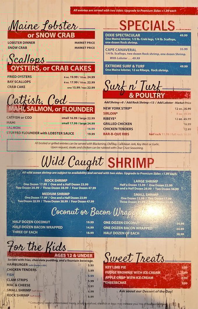 This isn't just a menu—it's a maritime treasure map. The "Wild Caught Shrimp" section alone is enough to make a seafood lover weep with joy.