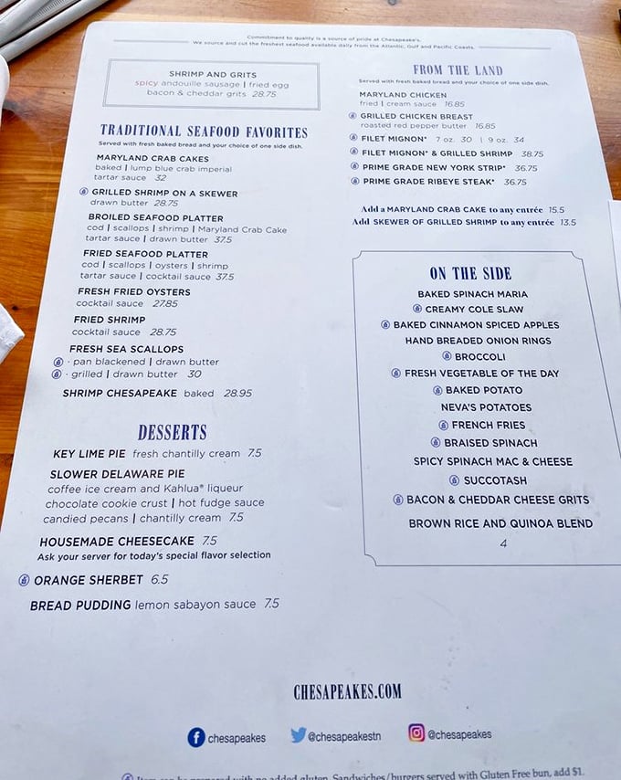 A menu that reads like maritime poetry. Each dish description promises ocean treasures that somehow found their way to the Smoky Mountains.