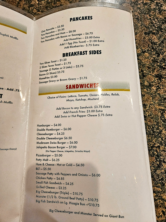 A menu that doesn't need fancy fonts or flowery descriptions – just straightforward American classics that have kept bellies happy for generations.