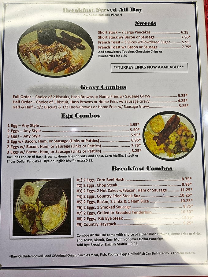 The menu reads like a love letter to breakfast traditionalists. "No Substitutions Please" isn't rudeness—it's confidence in perfection.