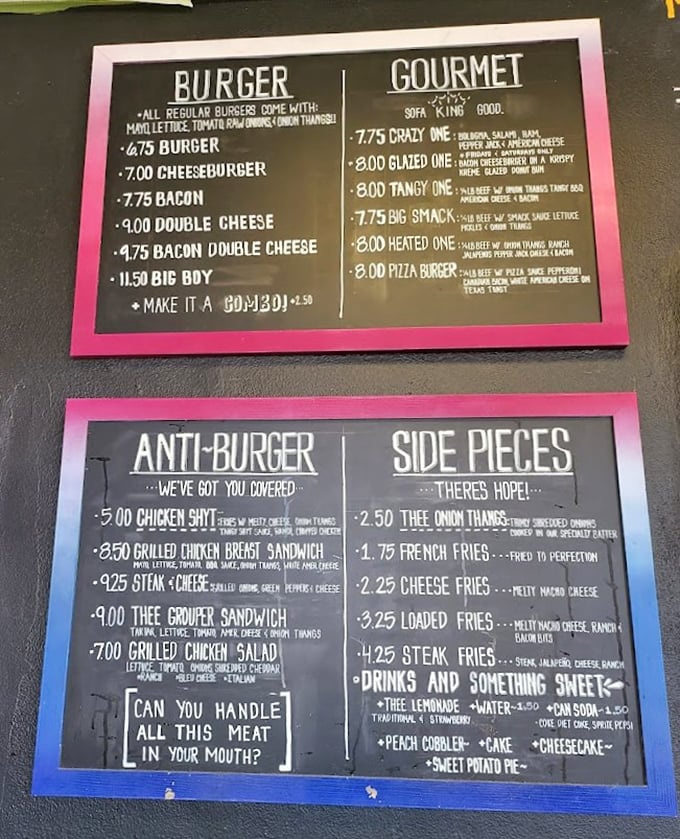 A menu that cuts straight to the chase—no flowery descriptions, just honest categories like "Anti-Burger" that make ordering feel like an adventure.