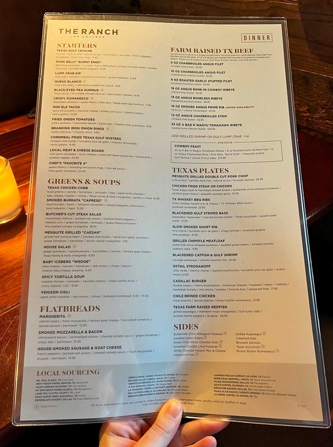 This menu isn't just a list of dishes—it's a culinary road map of Texas, where every farm, ranch, and fishing boat gets the credit it deserves.