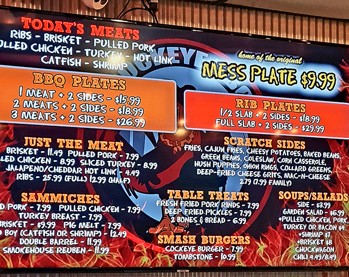 This menu board isn't just a list—it's a roadmap to happiness. The "Mess Plate" isn't a warning; it's a promise.