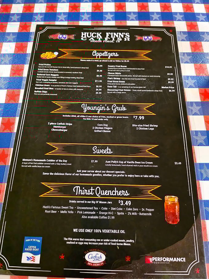 The menu reads like a love letter to Southern comfort food. No molecular gastronomy here—just honest offerings that would make Mark Twain himself settle in for seconds.