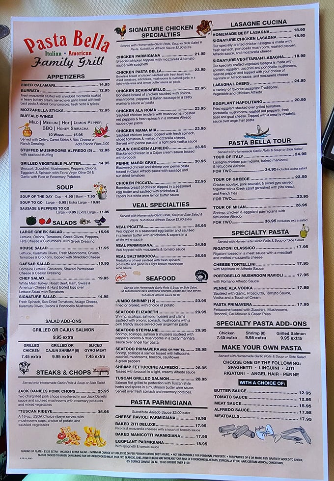A menu that reads like an Italian love letter. Each dish practically whispers "mangia, mangia" as your eyes scan the possibilities.