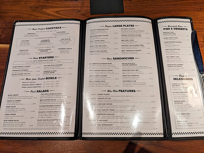 This menu isn't just a list of food—it's a roadmap to happiness with landmarks like "Blue Cheese Potato Chips" and "Seriously Big Chocolate Cake."