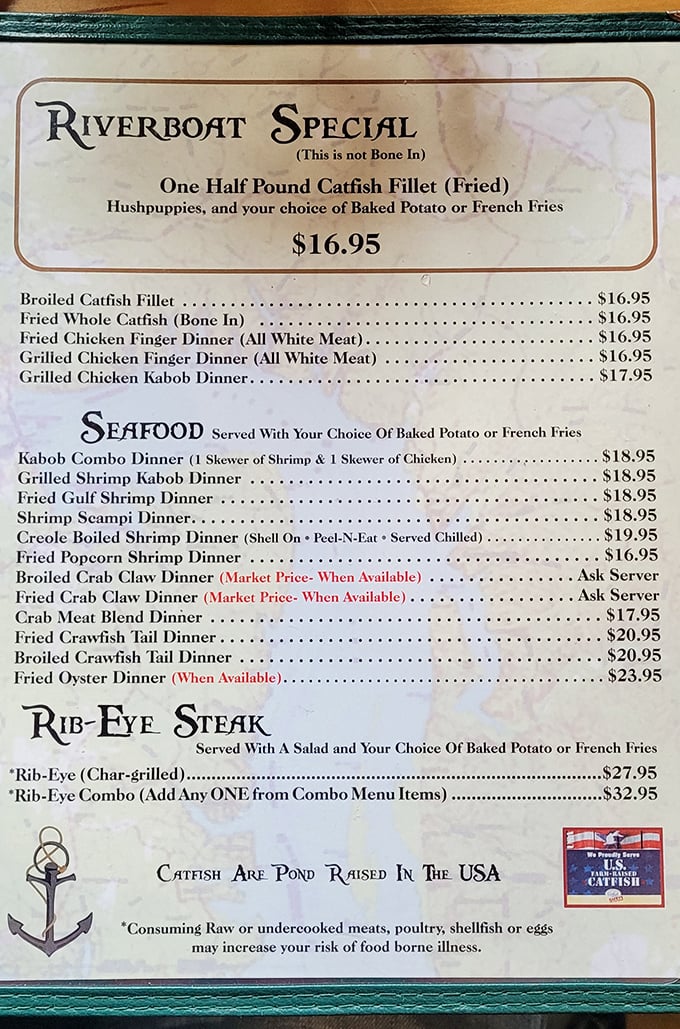 The menu reads like a love letter to Southern waterways. Notice the proud declaration at the bottom—these catfish are American-raised, y'all.