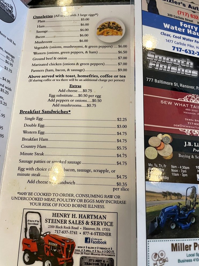 A menu that doesn't need fancy fonts or pretentious descriptions—just honest food at honest prices. The omelet selection alone is worth the trip.