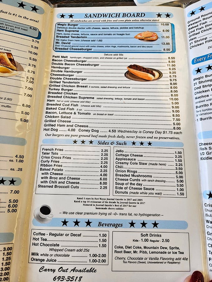 This menu isn't just a list of food—it's a declaration of independence from pretentious dining. Star-spangled and straightforward, just like the heartland itself.