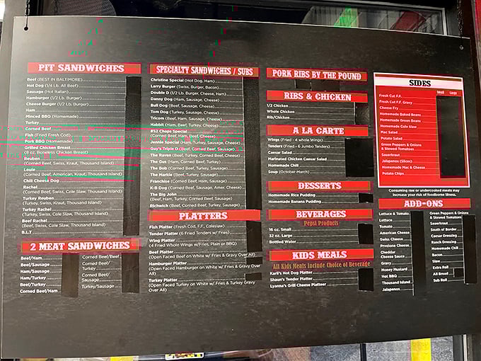 This menu isn't just a list—it's a roadmap to carnivore paradise. The "Pit Sandwiches" section alone could make a vegetarian question their life choices.