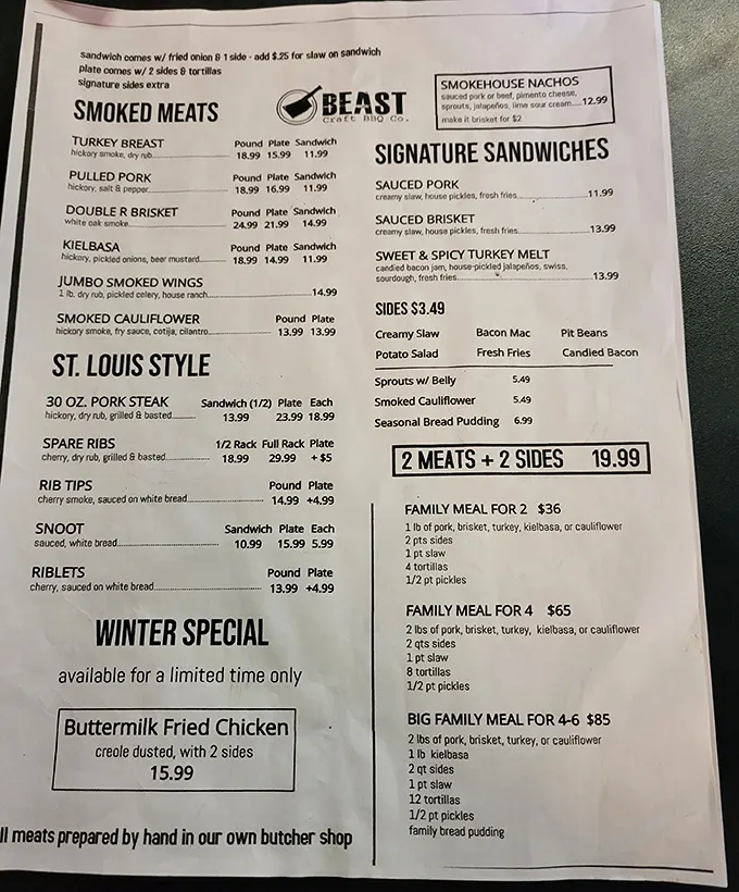This menu isn't just a list—it's a roadmap to happiness. The 30-oz pork steak beckons like a siren song.
