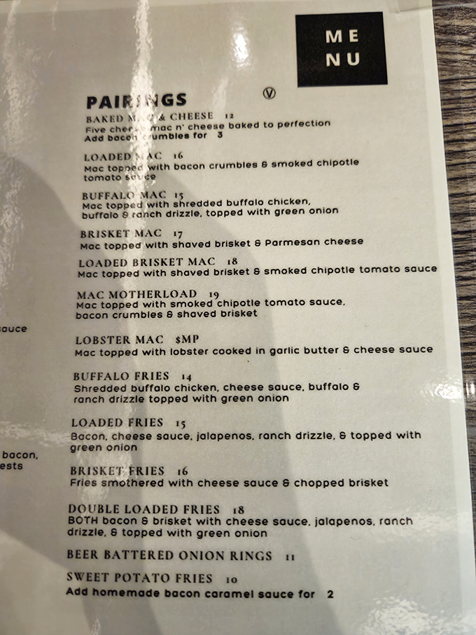 This menu reads like a love letter to indulgence. The "Mac Motherload" isn't just a meal—it's a challenge your stomach is eager to accept.