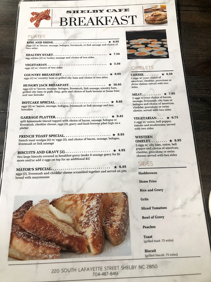 A menu that reads like a love letter to Southern breakfast traditions. Notice livermush making multiple appearances—this isn't just food, it's cultural heritage on a plate.