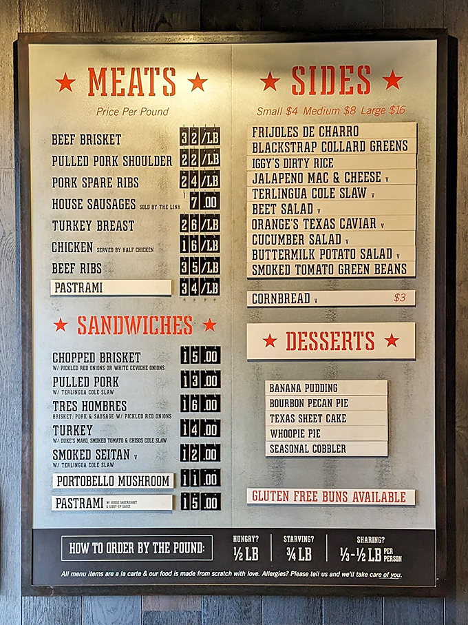 This menu isn't just a list – it's a treasure map to smoked meat nirvana. Choose wisely, or better yet, try everything.