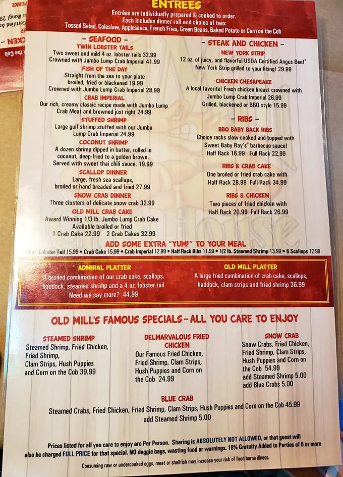 This menu isn't just a list of options—it's a treasure map where X marks the spot for "Delmarvalous" seafood adventures.
