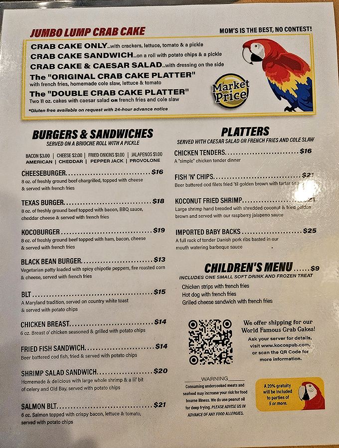 "Mom's is the best, no contest!" declares the menu, and who are we to argue? That jumbo lump crab cake has achieved legendary status for good reason.