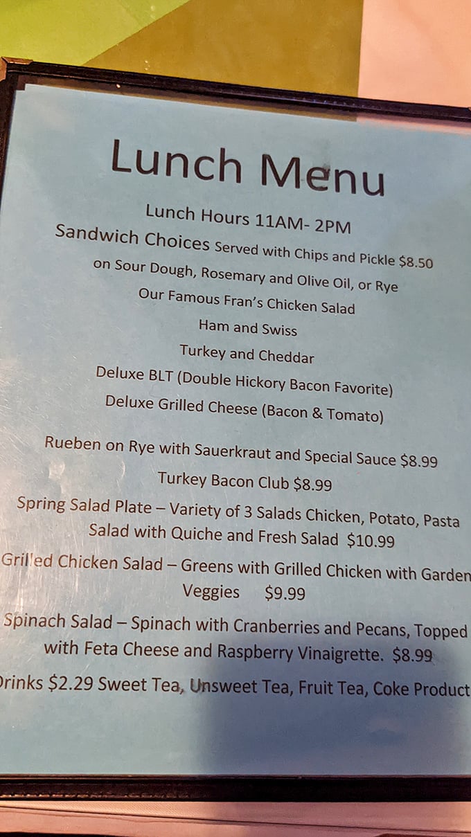 This menu isn't just a list of food—it's a roadmap to happiness. The Reuben and Fran's Chicken Salad have achieved local legend status for good reason. 