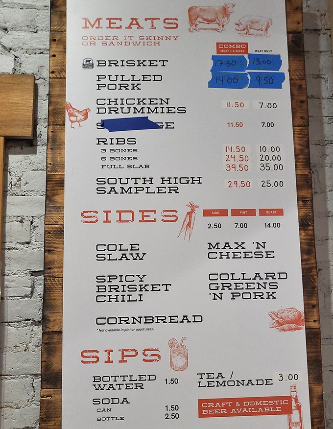 A menu that cuts right to the chase—meat, sides, and happiness. No fancy descriptions needed when the food speaks for itself.