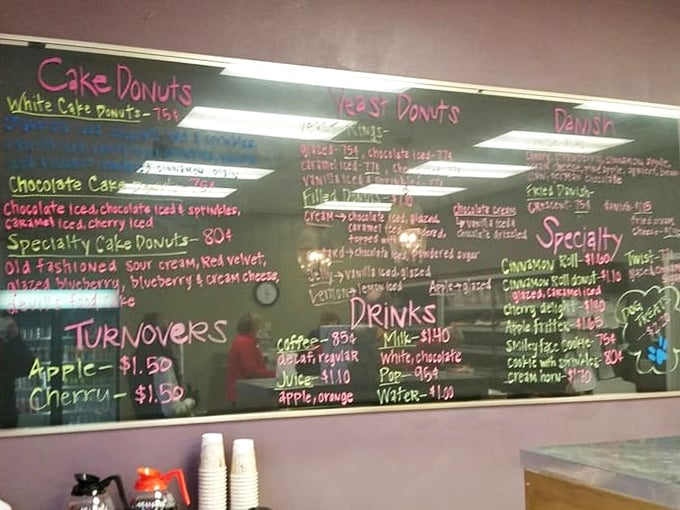 The chalkboard menu at Milton's is like a treasure map for your taste buds. X marks the spot where cake donuts meet yeast donuts.