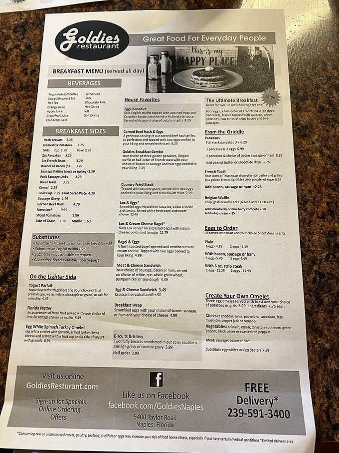 This menu isn't just a list—it's a roadmap to happiness. Notice how "breakfast served all day" might be the three most beautiful words in the English language.