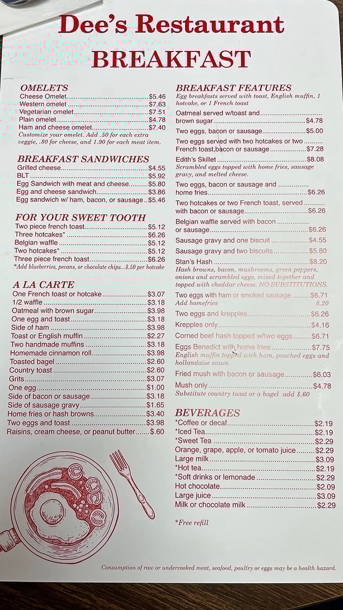 A menu that reads like a breakfast lover's manifesto – simple, straightforward, and promising satisfaction without pretension.