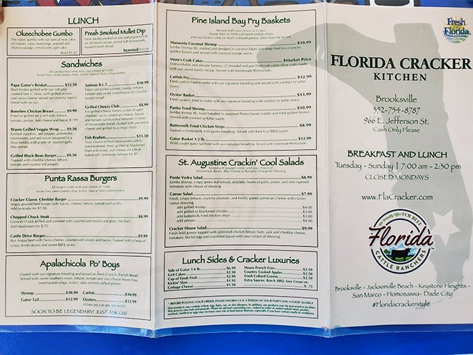 This isn't just a menu—it's a roadmap to Florida's culinary soul. From Okechobee Gumbo to Apalachicola Po' Boys, geography never tasted so good.
