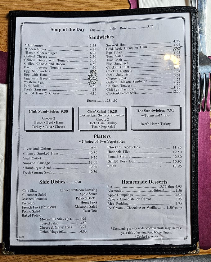 A menu that hasn't surrendered to food trends or fancy fonts—just honest offerings at prices that won't make your wallet weep.