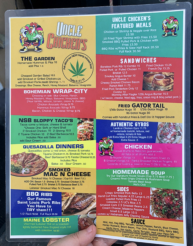 This menu isn't just a list—it's a roadmap to flavor town. From "Bohemian Wrap-City" to fried gator tail, decision paralysis has never been so delicious.