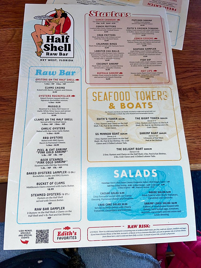 This menu isn't just a list of dishes—it's a treasure map to seafood paradise, complete with that sassy mermaid mascot watching over your choices.