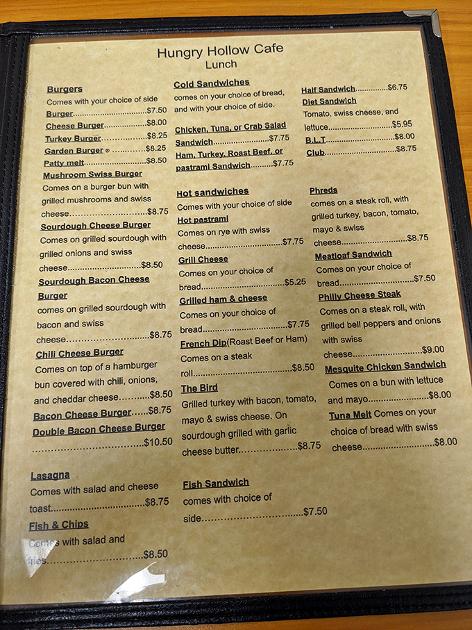 This menu isn't trying to reinvent the wheel—it's perfecting it. From burgers to "The Bird," every option promises satisfaction without pretension.