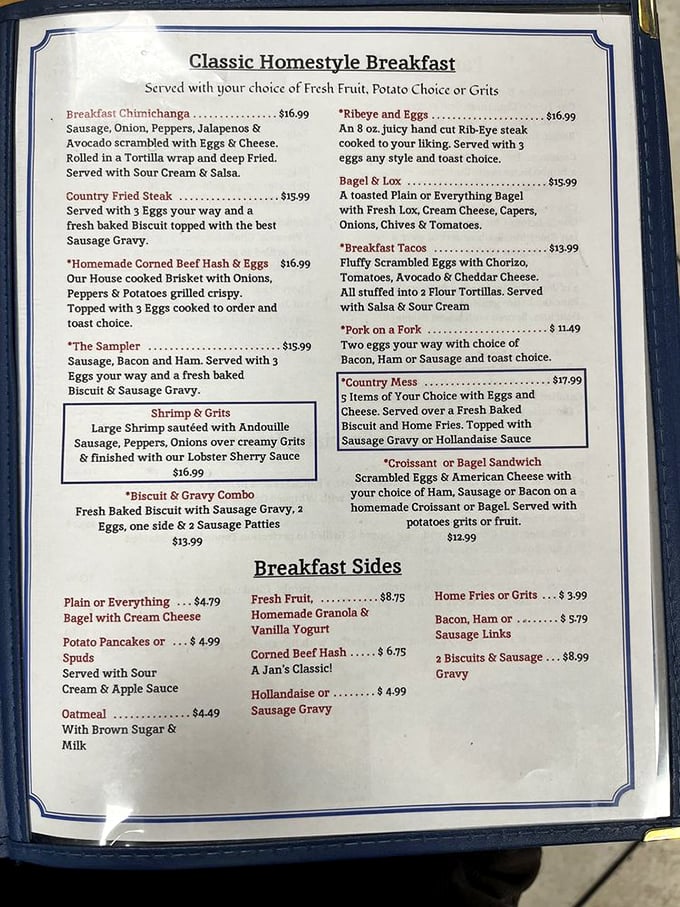 A menu that reads like a love letter to breakfast classics. The "Country Mess" isn't what happens when you cook—it's what happens when professionals go gloriously overboard.