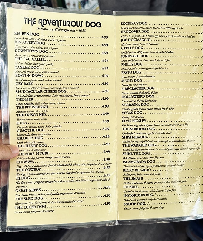 The menu reads like a passport to hot dog heaven – each creation more tempting than the last, making decisions deliciously difficult.