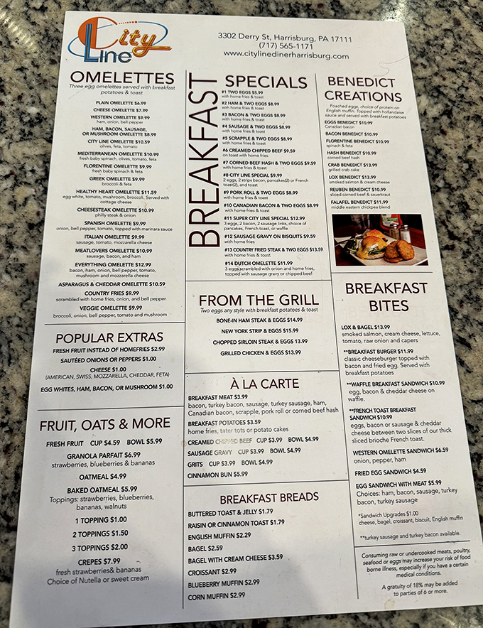A menu that reads like a love letter to breakfast – from omelets to benedicts, each option more tempting than the last.