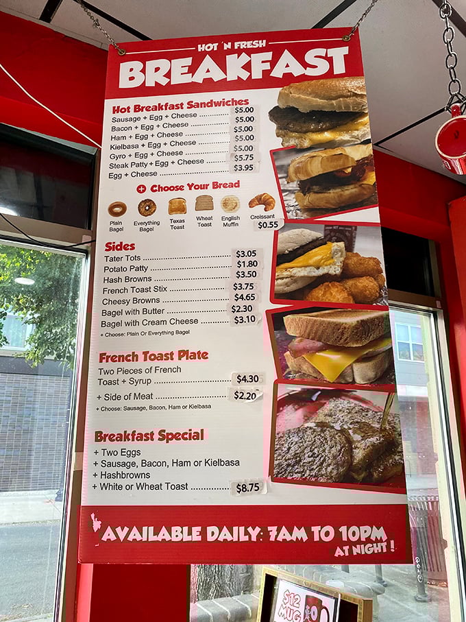 The breakfast menu board tells a story of comfort food democracy – where gyro meets egg sandwich in a beautiful morning marriage of flavors.