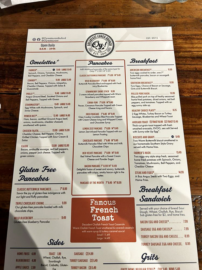 This menu isn't just a list of options—it's a roadmap to breakfast nirvana. The hardest part? Deciding between the Farmer's Hash and those famous French Toast creations.