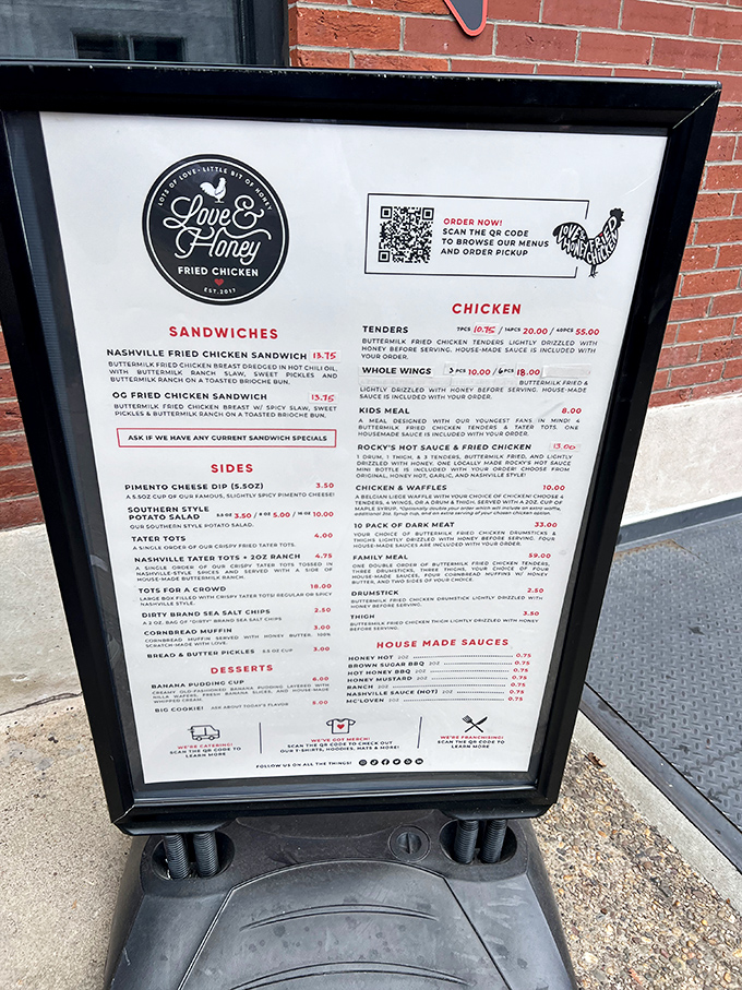 The menu board reveals the true mission: perfect fried chicken with Southern-inspired sides. Decision paralysis has never been so delicious.